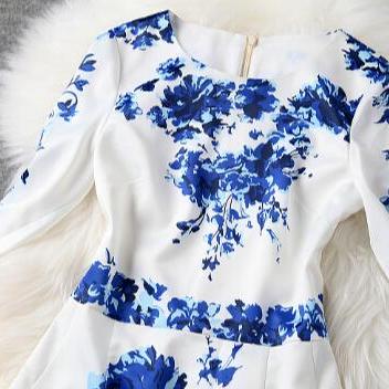 Half Sleeves Blue And White Porcelain Print Bodycon Dress #121301ad on ...