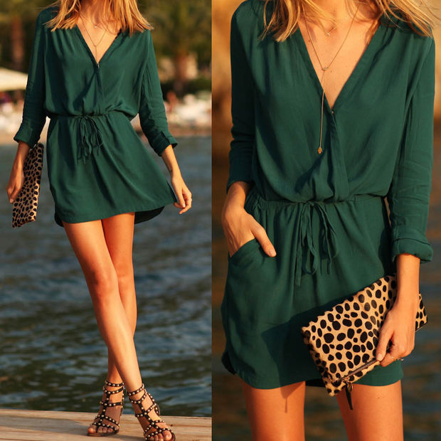 Green V-neck Drawstring Dress With Pocket on Luulla