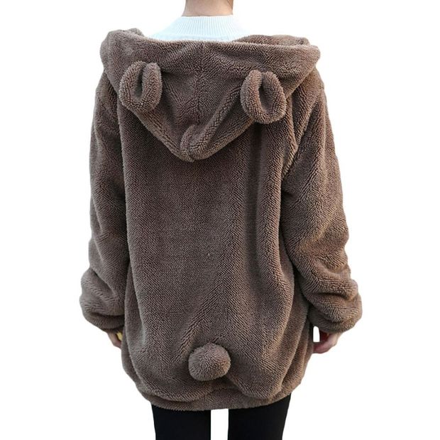 Women Hoodies Zipper Girl Winter Loose Fluffy Bear Ear Hoodie Hooded Jacket Warm Outerwear Coat ...